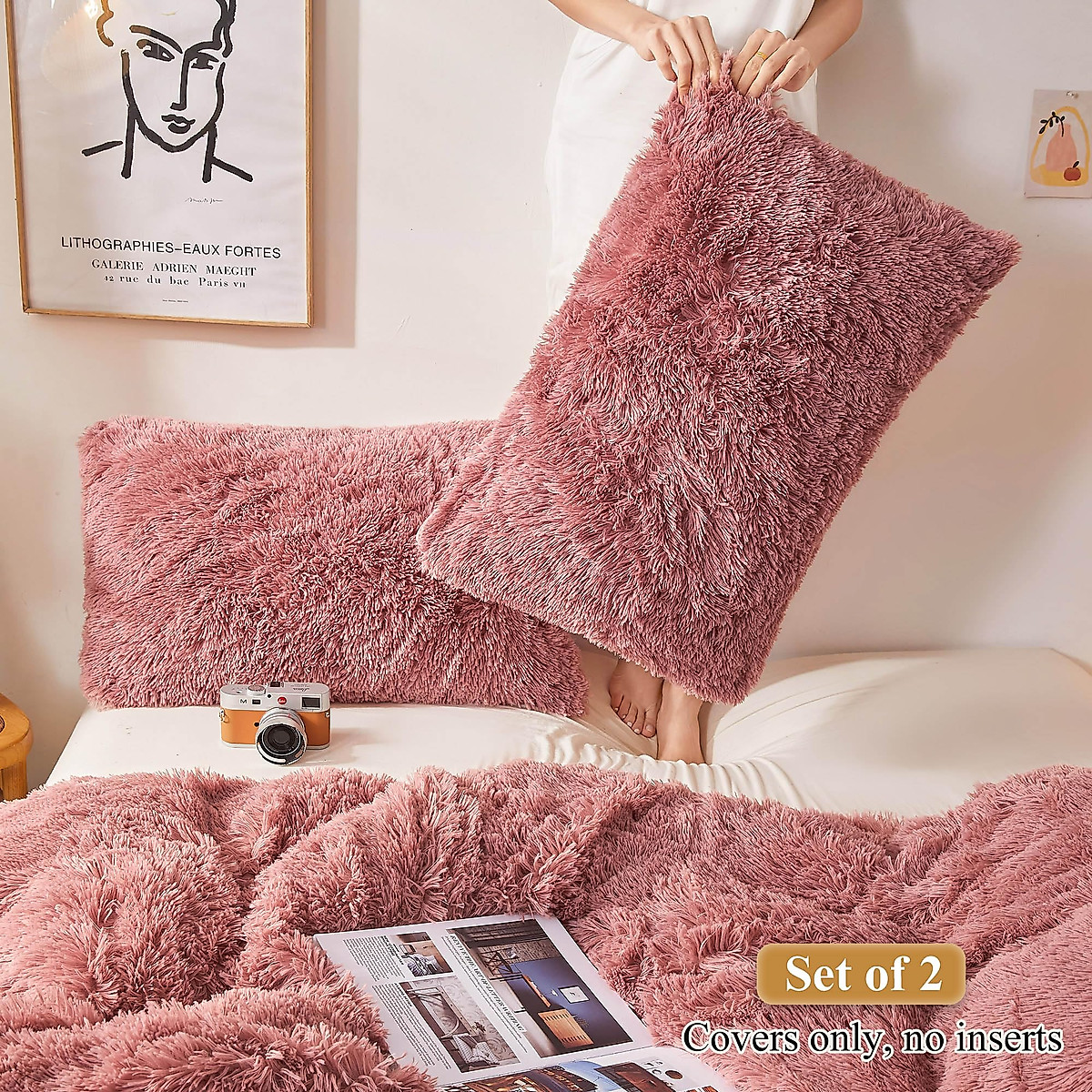 XeGe Faux Fur Throw Pillow Cases, Plush Shaggy Ultra Soft Pillow Covers, Fluffy Crystal Velvet Decorative Pillowcases, Furry Fuzzy Pillow Shams Zipper Closure, Set of 2(Standard, Old Pink)