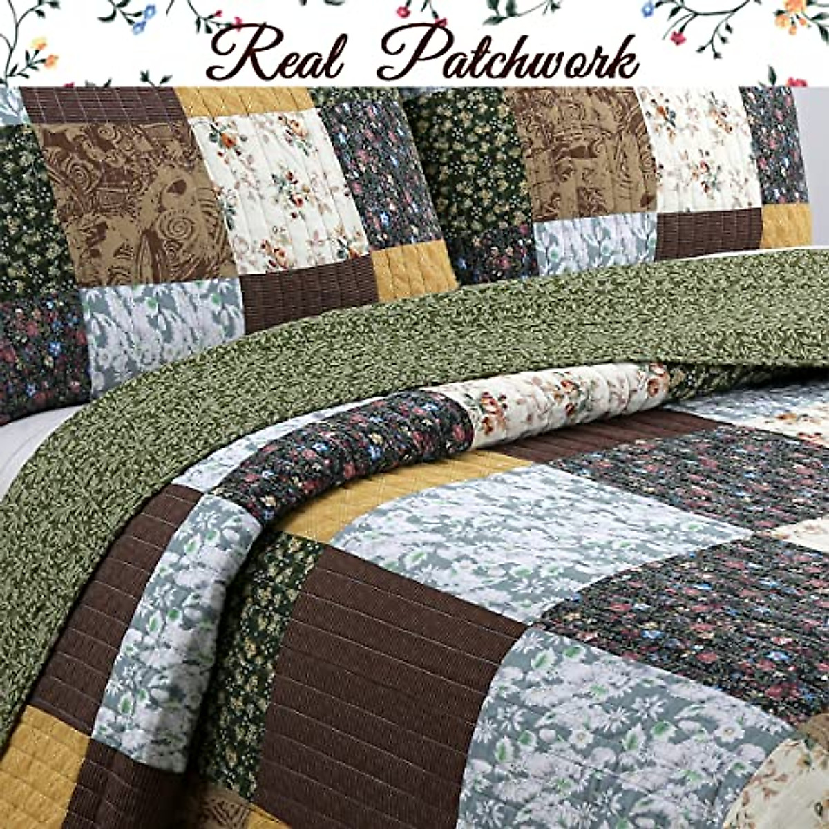 Cozy Line Home Fashions Andy Mustard Yellow Country Farmhouse Real Patchwork Quilt Bedding Set, 100% Cotton Reversible Coverlet, Bedspread (Brown Olive, King - 3 Piece)