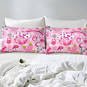 LUVIVIHOME 4PCS Disco Cowgirl Sheets Set, Queen Bed Sheet, Hot Pink Sheets, Preppy Bedding, Cowboy Boots Cow Skull Flower Cactus Aesthetic Girls Bedding, 1 Fitted Sheet & 1 Flat Sheet & 2 Pillowcases