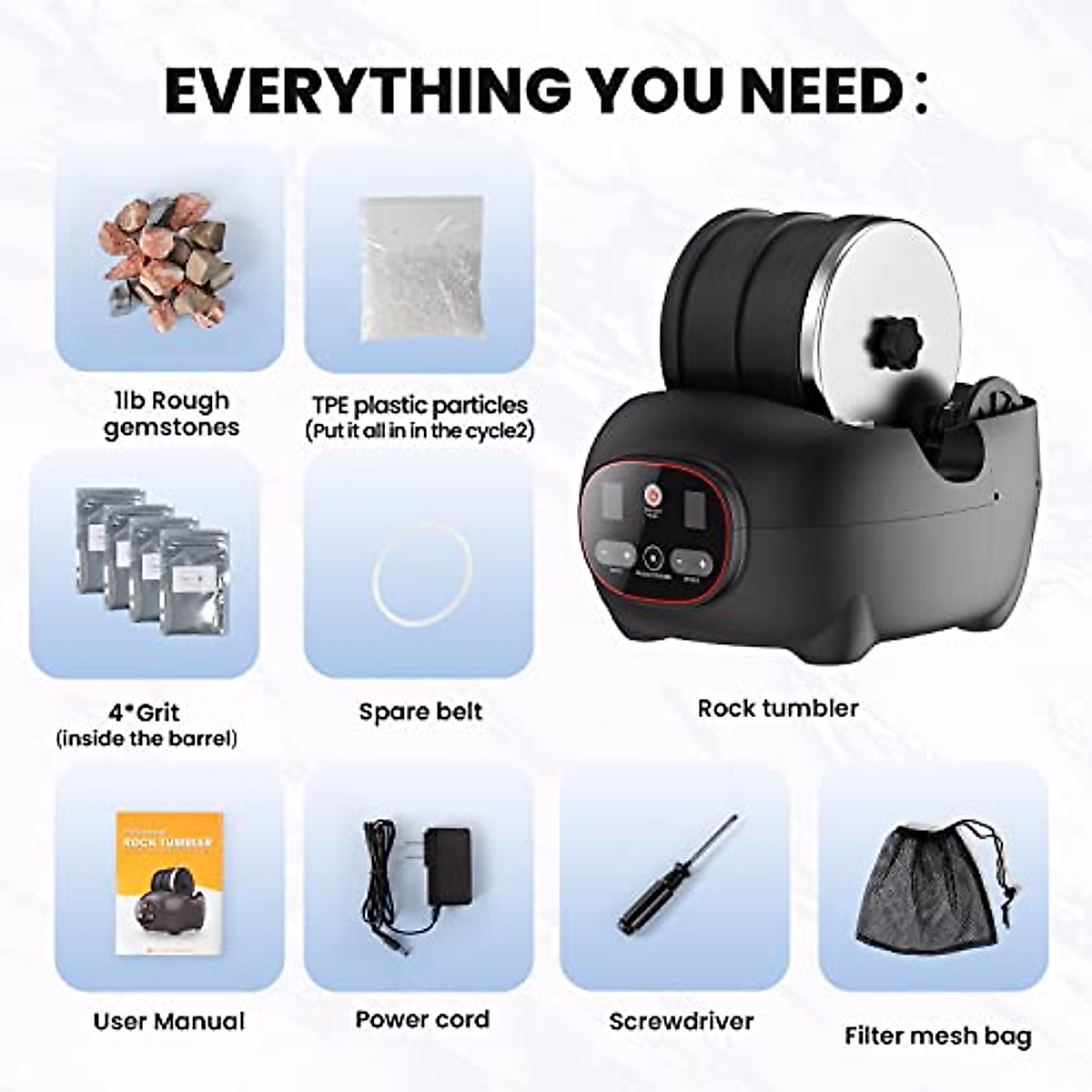 Professional Rock Tumbler for Adults and Kids, 3LB Large Capacity Rock Polisher, ,Ultra Durable Belt, Exclusive Reusable TPE Plastic Polish, 4 Polishing Grits，Christmas Hobby Projects gift for kids