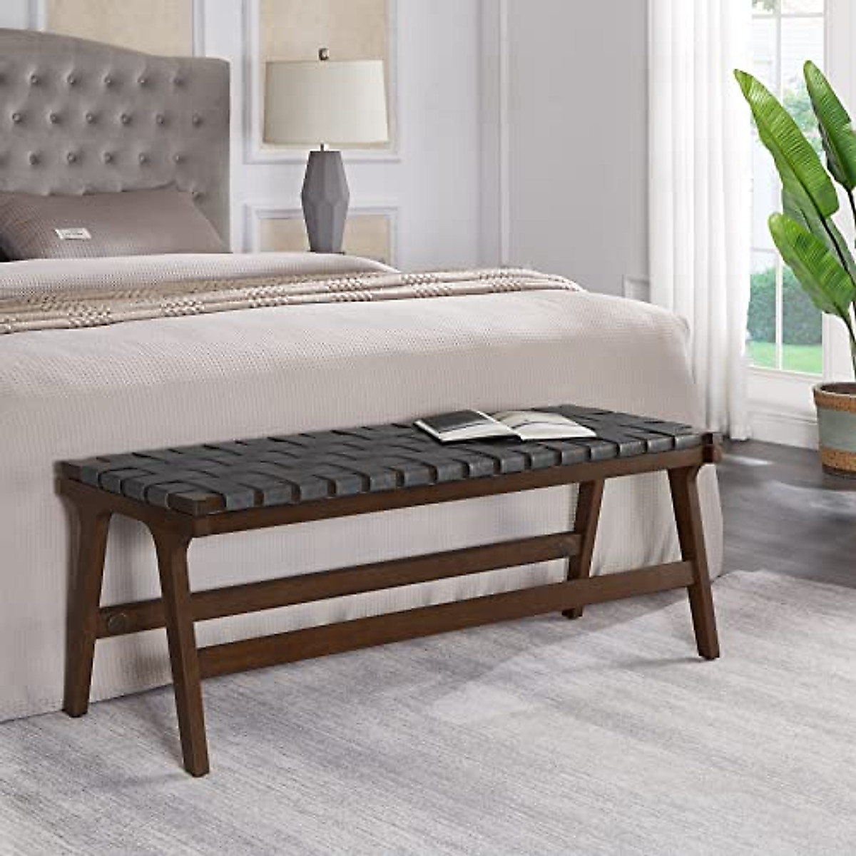 Ball & Cast Faux Leather Woven Dining Bench Breathable Weave Entryway Bench for Bedroom, 48 in Dark Grey