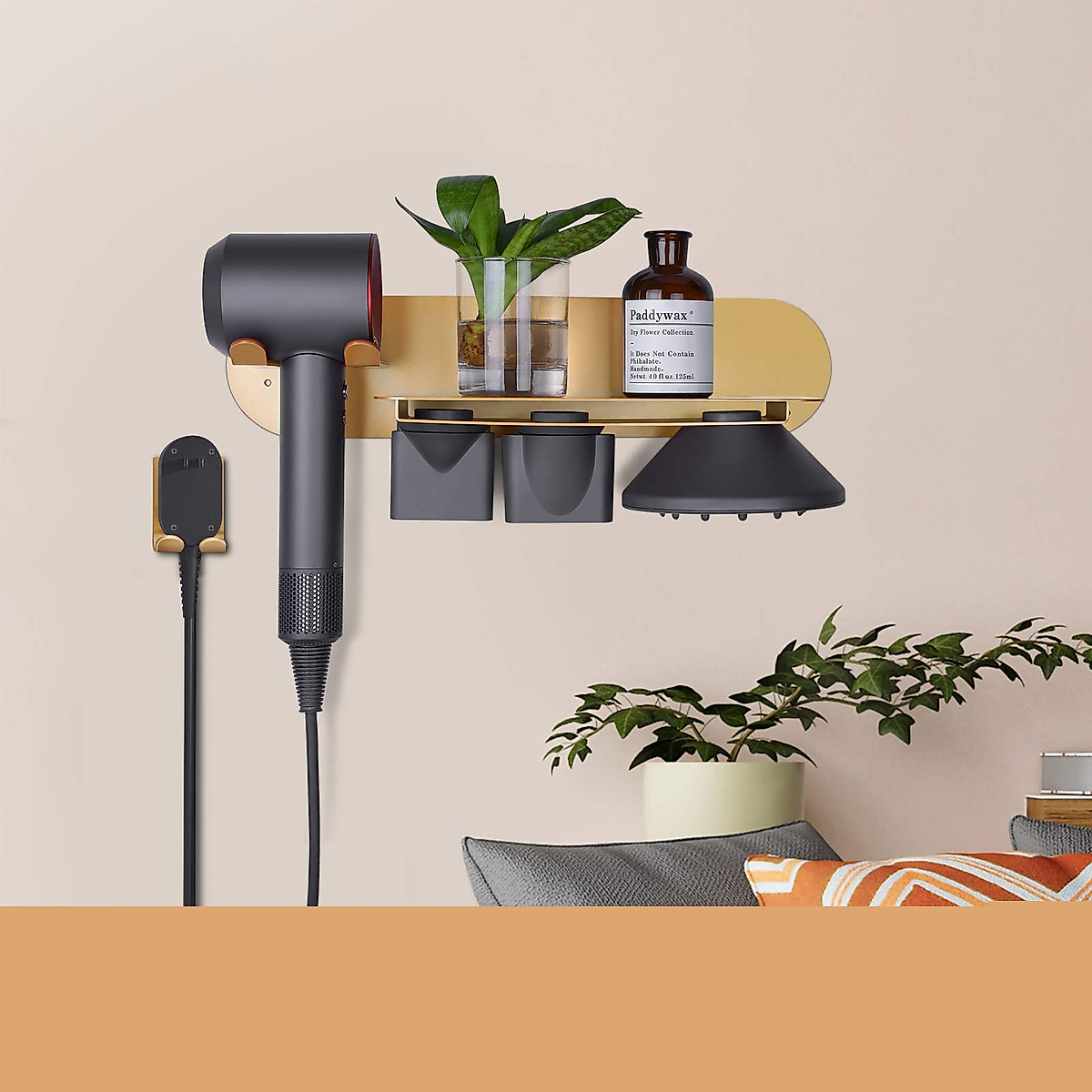 FLE Hair Dryer Holder Wall Mounted with Shelf, Gold Wall Mount Hair Dryer Holder Rack Organizer Compatible for Dyson Supersonic Hair Dryer,Diffuser, Two Nozzles,Power Plug…