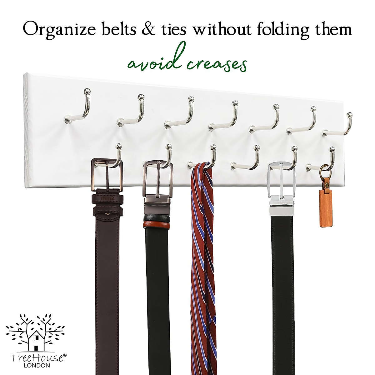 Treehouse Belt Organizer Rack, Holds Over 28 Large Belts, Sturdy Metal & Solid Wood Storage Holder for Closet, Versatile, Wall Mounted Belt & Tie Display Hanger for Bedroom - (White) 16''L x4.25''H