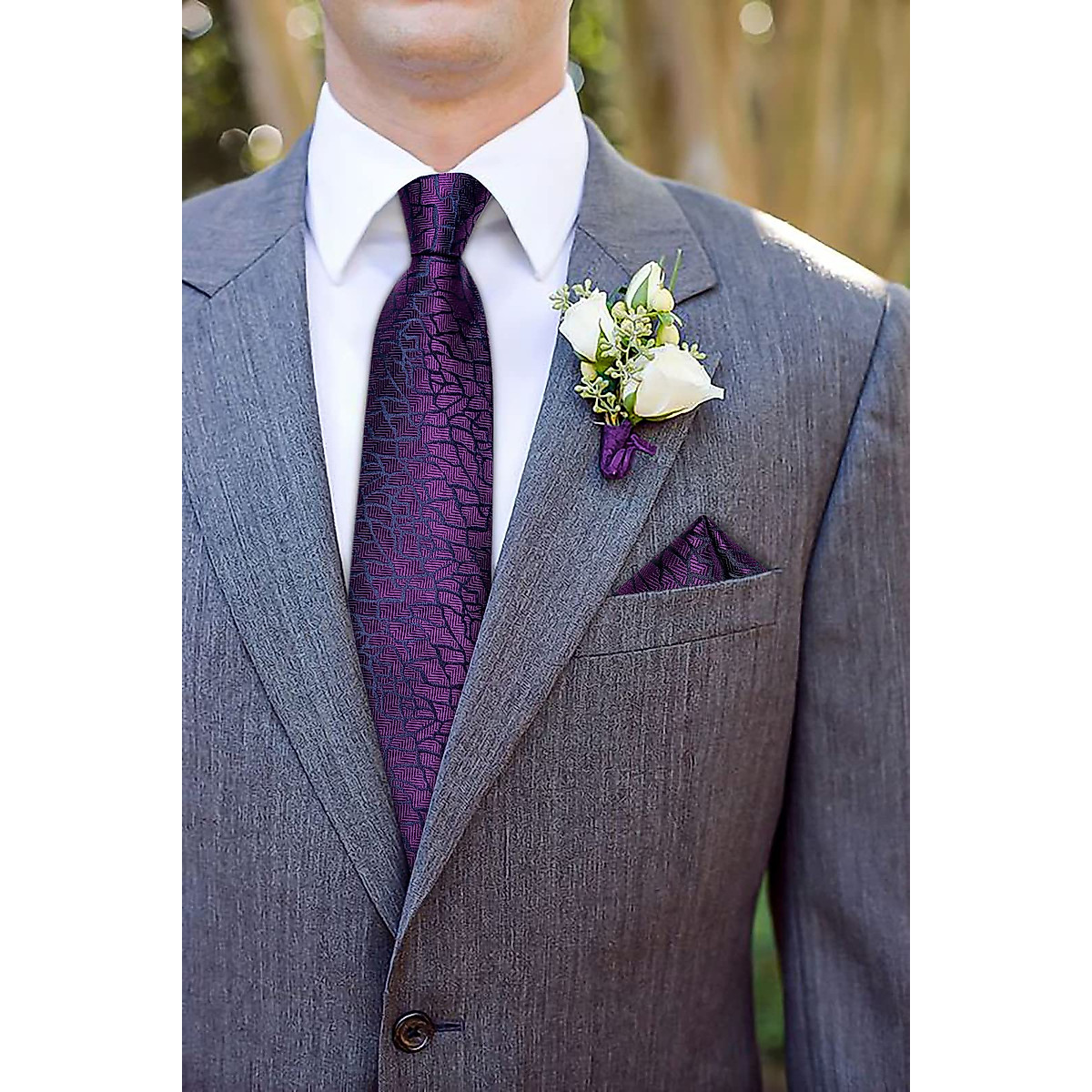 DiBanGu Plaid Ties for Men Silk Checkered Necktie and Pocket Square Cufflinks Tie Clip Set with Gift Box for Wedding Business, Purple and Black