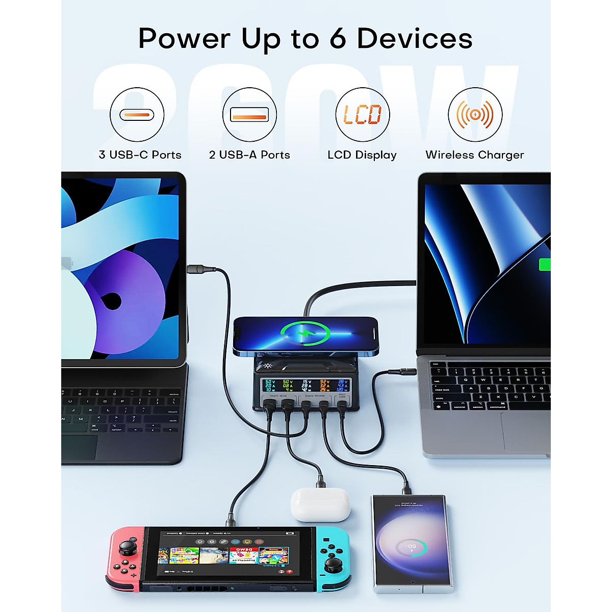 USB Charging Station,ASOMETECH 260W 5Ports Fast USB C Charging Station,140W PD3.1 USB C GaN Charger with LCD Display,Wireless Charger,Desktop USB Charging Hub for MacBook Pro/Air,iPad,iPhone,Samsung