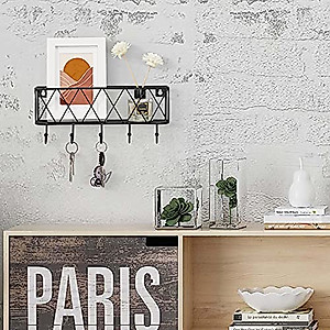 Snughome Entryway Mail Holder with Key Hooks for Wall, 11’’L Wall Mounted Matte Black Metal Wire Mesh Storage Basket with Holders for Organize Letters, Magazines, Keys, Leashes(Matte Black)