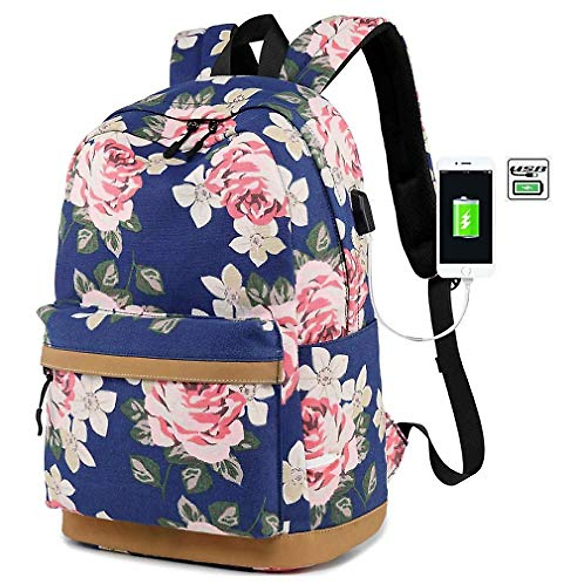 Floral School Backpack for Girls College Bookbags Travel Backpack Laptop Rucksack Travel Backpack with USB Charging Port, Casual Daypack for Women with USB Charging Port (Blue Floral)