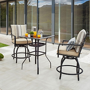 LOKATSE HOME 3 PCS Patio Bistro Furniture Set with 2 Swivel Height Chairs & 1 Square Classic Black Table for Garden, Backyard, Porch, Deck, Beige