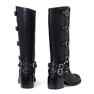 Cossansan Square Toe Boots for Women Knee High Boots Women Leather Buckles Black Dress Boots Fashion Winter Boots Moto Boots Women Size8