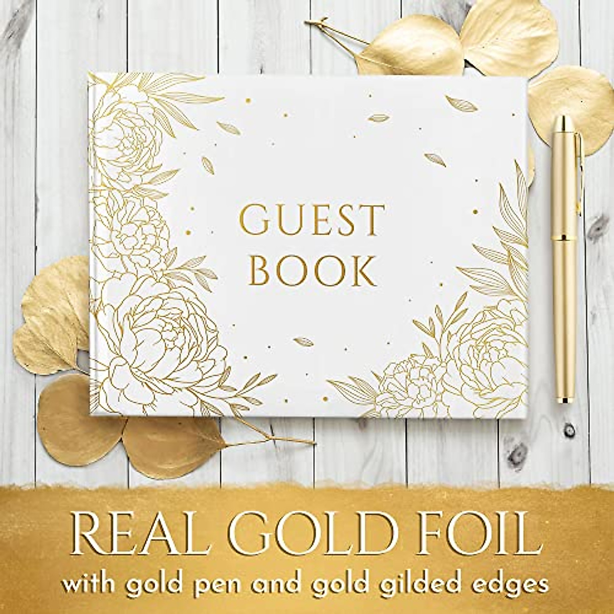 Gold Floral Wedding Guest Book, Wedding Guestbook with Pen, Guest Book Wedding Gold Hot Foil Stamping, Bridal Shower Guest Book Gold Paper Edge, Wedding Guestbook Alternative, Guestbook Wedding