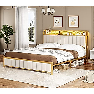 BTHFST Queen Bed Frame, LED Bed Frame with Storage Headboard, USB Ports & Outlets, Upholstered Platform Bed Frame, Sturdy Bed Foundation, Creamy White & Gold