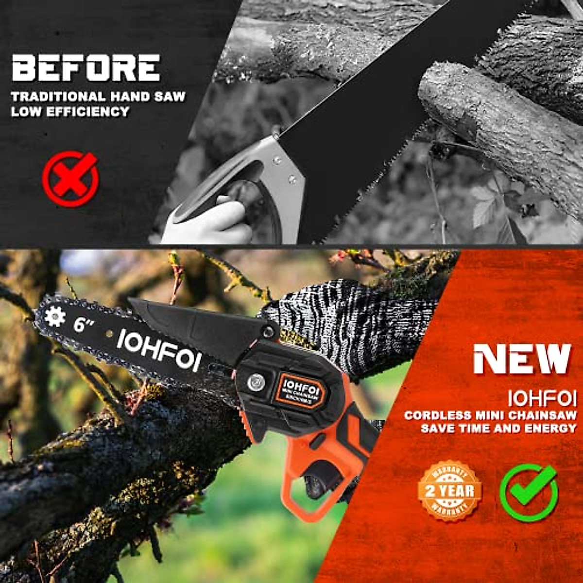 IOHFOI Mini Chainsaw, 6 Inch Cordless Electric Handheld Chain Saw with Security Lock, 21V 7500mAh Rechargeable Battery Powered Small Chainsaw for Wood Cutting, Tree Branches, Camping and Garden