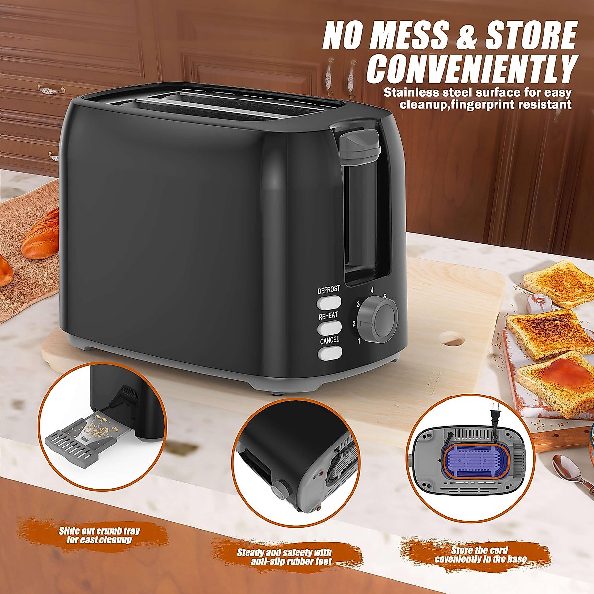 2 Slice Black Toaster with Wide Slots, Bagel Function, 7 Shade Settings, Removable Crumb Tray - Compact Prime Rated Toaster for Bread, Waffles