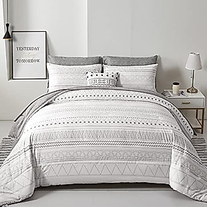 Boho Comforter Set Queen,7 Pieces Bed in a Bag White Grey Comforter Geometric Bedding Set Bohemian Soft Microfiber Queen Size(1 Comforter,2 Pillowcases,1 Flat Sheet,1 Fitted Sheet,2 Pillow Shams)