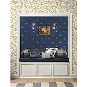 Erin & Ben Co. PSW1451RL Navy and Metallic Gold Star Splendor Premium Peel and Stick Wallpaper Blue