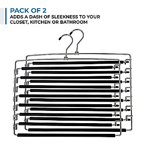 USTECH 8 Tier Swing Arm Pants Hanger | Space Saving Clothing Hangers with Foam Padding and Removable Arms | Alloy Steel Construction for Durability | Hook with Capped Ends for Added Safety | Pack of 2