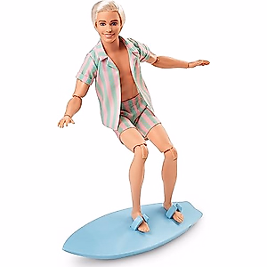 Barbie The Movie Ken Doll Wearing Pastel Pink and Green Striped Beach Matching Set with Surfboard and White Sneakers