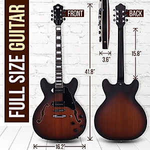 Pyle Semi Hollow Body Electric Guitar Set, 41.8” Full Size Jazz Instrument Kit w/ Gig Bag, Matte & Sunburst Finish