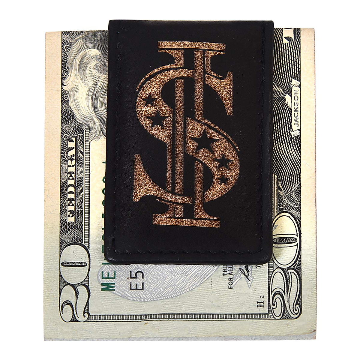 Leatherboss Genuine Leather Dollar Design Bifold Money Clip Wallet, Black