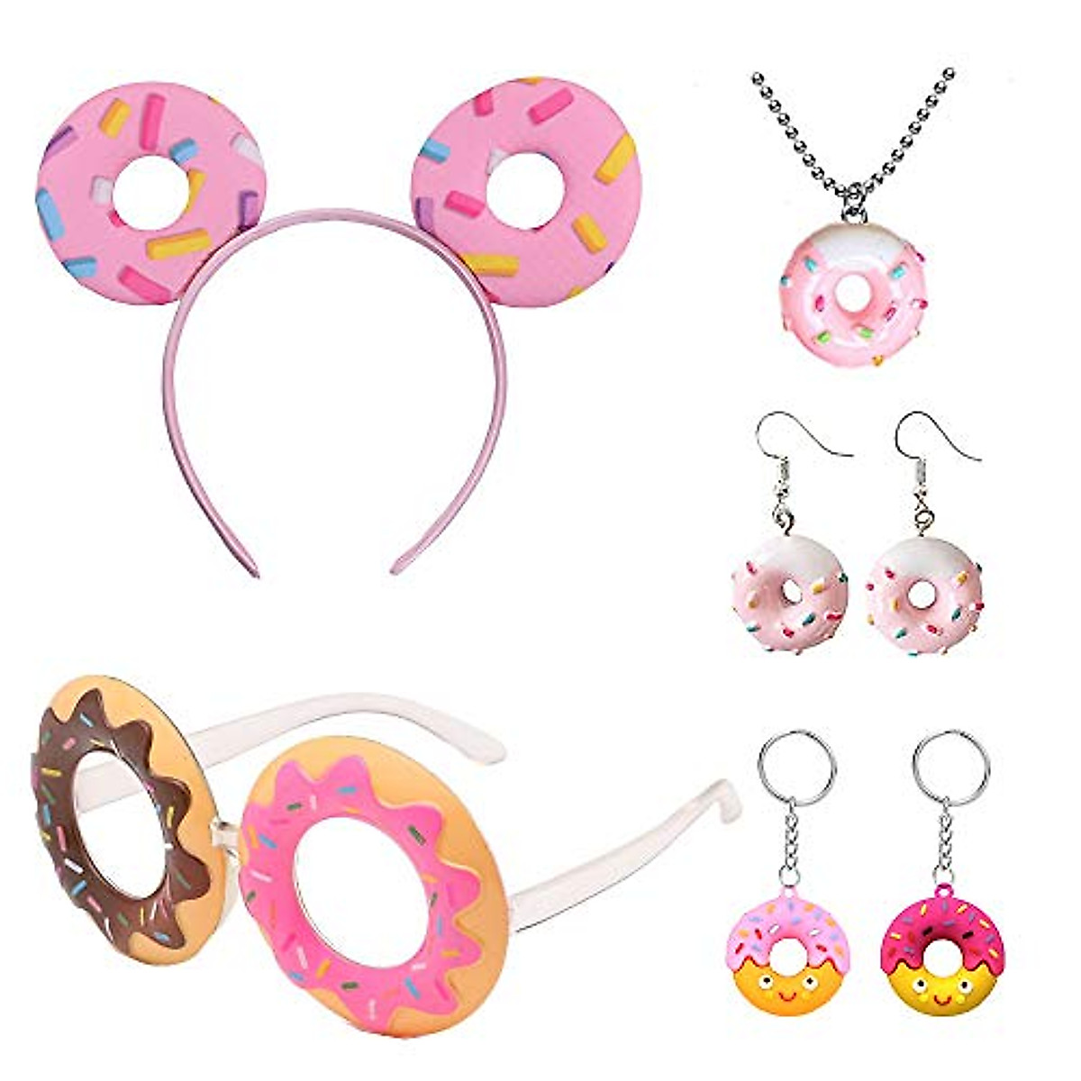 Donut Dress Up Supplies Donut Headband Glasses Frame Necklace Earrings Keychains Pink Theme Party Gifts for Women Girls 7 Pack