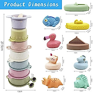 Baby Bath Toys for Toddlers 1-3, 16PCS Bath Squirt Toys with Hole, Silicone Bath Toys Contains 7 Stacking Cups and 3 Boats and 6 Animals, Best Shower Water Toys for Boys and Girls