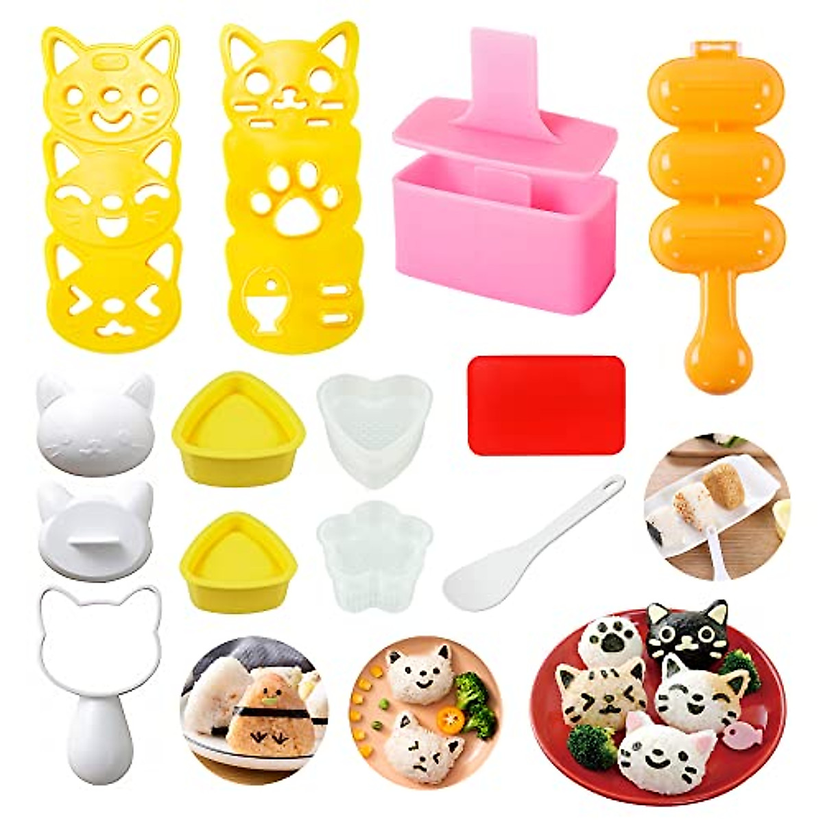 Cute Cat Sushi Mold for Kids, Musubi Maker Press, Rice Ball Mold Shaker, Classic Triangle Rice Ball Maker Mold Kit for DIY Fun Lunch Box Picnic Tool (CAT)