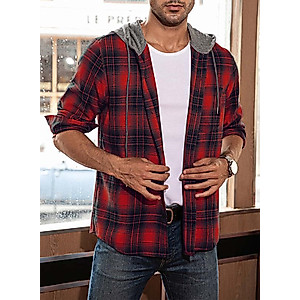 JMIERR Flannel Hoodies for Men Casual Button Down Plaid Long Sleeve Lightweight Winter Shirts Jackets,US 46 (XL),0Red