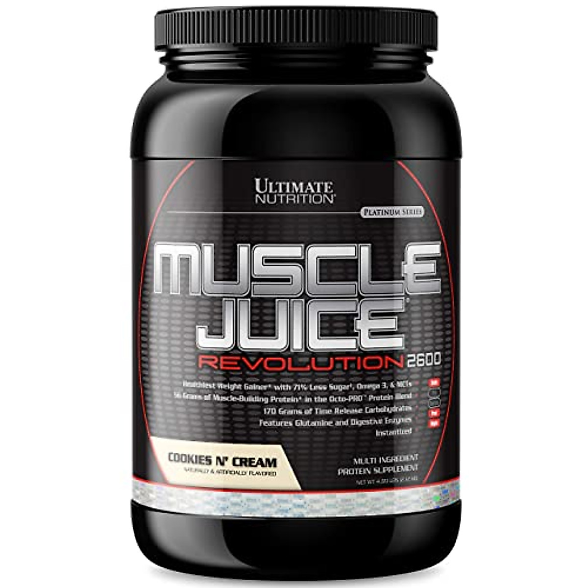 Ultimate Nutrition Muscle Juice Revolution Weight and Lean Muscle Mass Gainer Protein Powder with Glutamine, Micellar Casein and Time Release Complex Carbohydrates, Cookies N Cream, 4.69 Pounds