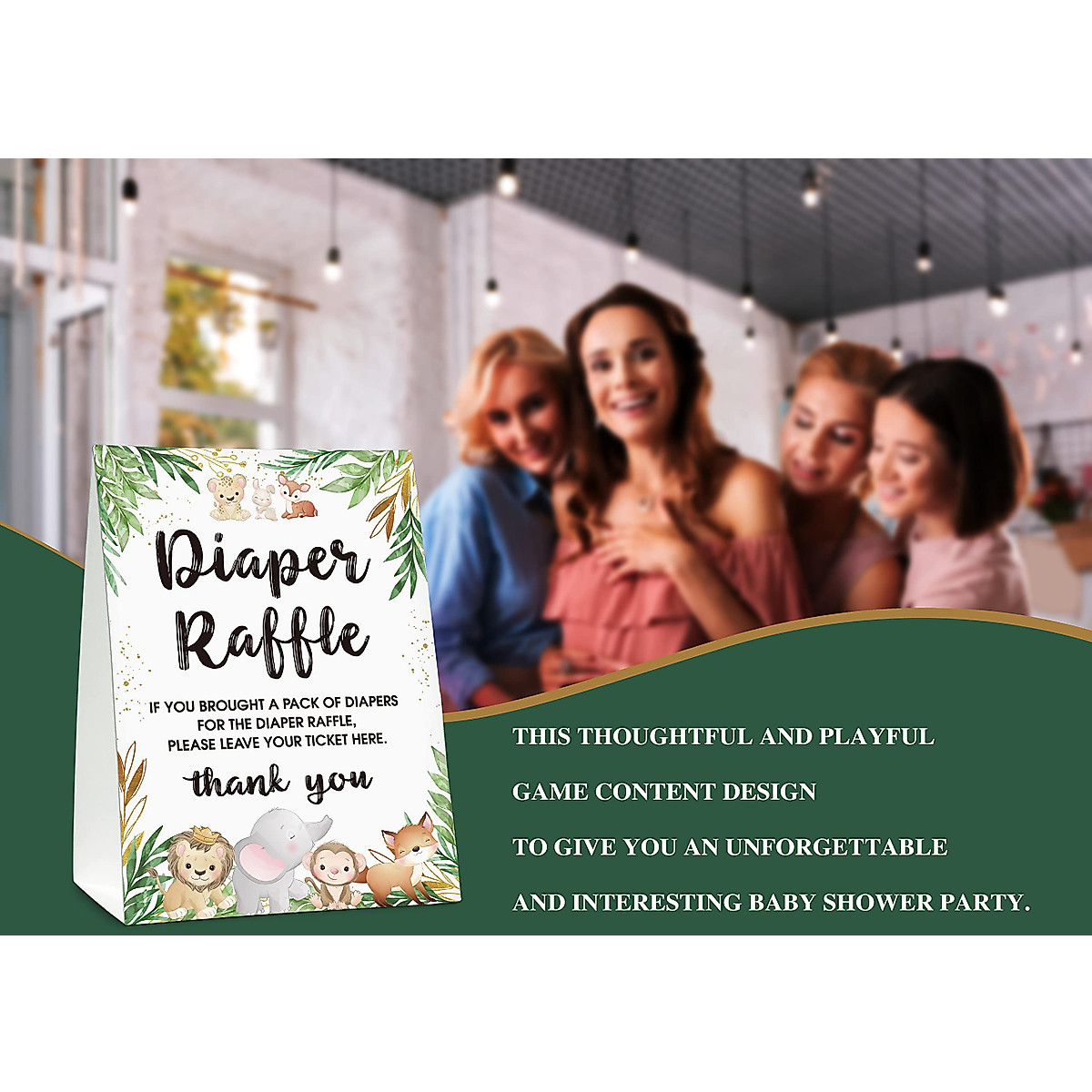 Diaper Raffle Baby Shower Game Set(1 Standing Sign + 50 Guessing Cards), Safari Diaper Raffle Tickets for Baby Shower, Jungle Baby Shower Party Favor Decor - A16