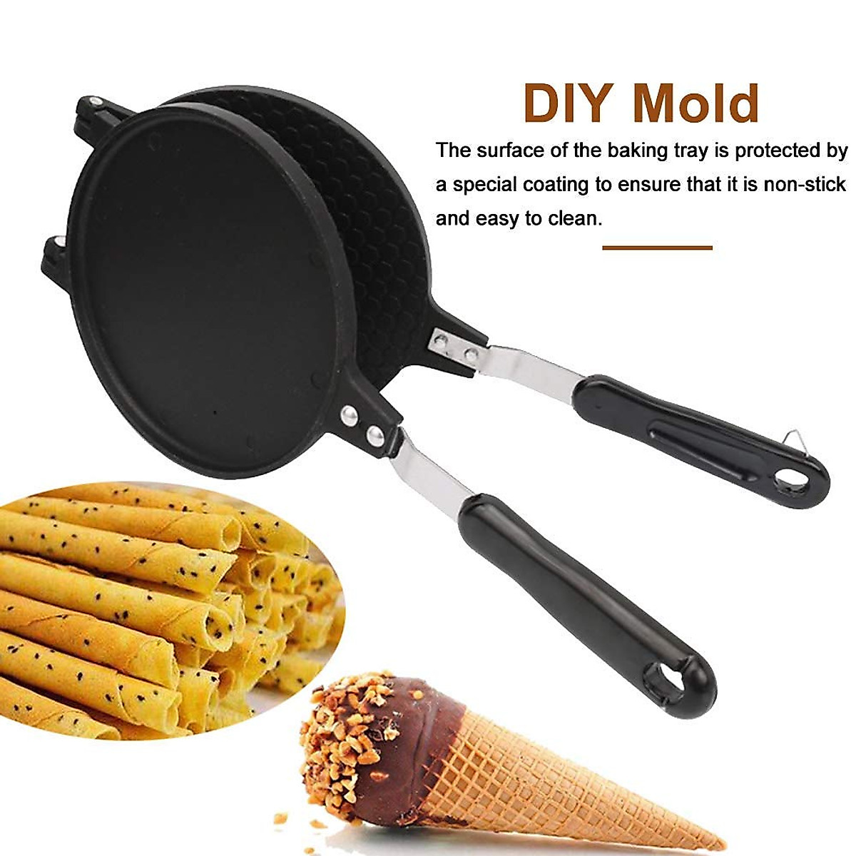 Double Side Waffle Maker Non Stick Waffle Irons Mold Pan Egg Roll Maker DIY Ice Cream Pancake Cone Maker Omelet Dessert Cooking Baking Tool for Home Kitchen Restaurant Snack Stand Cake Shop (6.7in)