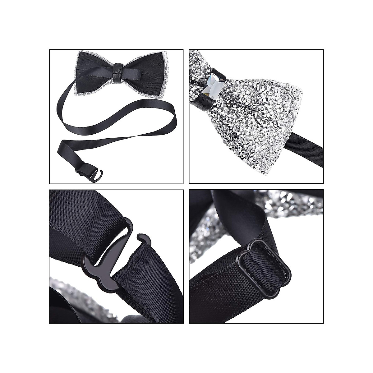 2 Pieces Rhinestone Bow Ties Banquet Bowties Men's Pre-tied Bow Ties for Wedding and Parties (Silver)