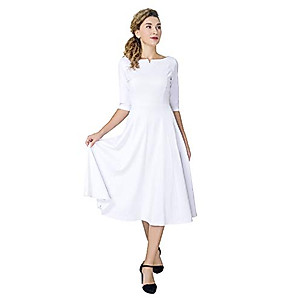 Marycrafts Women's Fit Flare Tea Midi Dress for Office Business Work 12 White