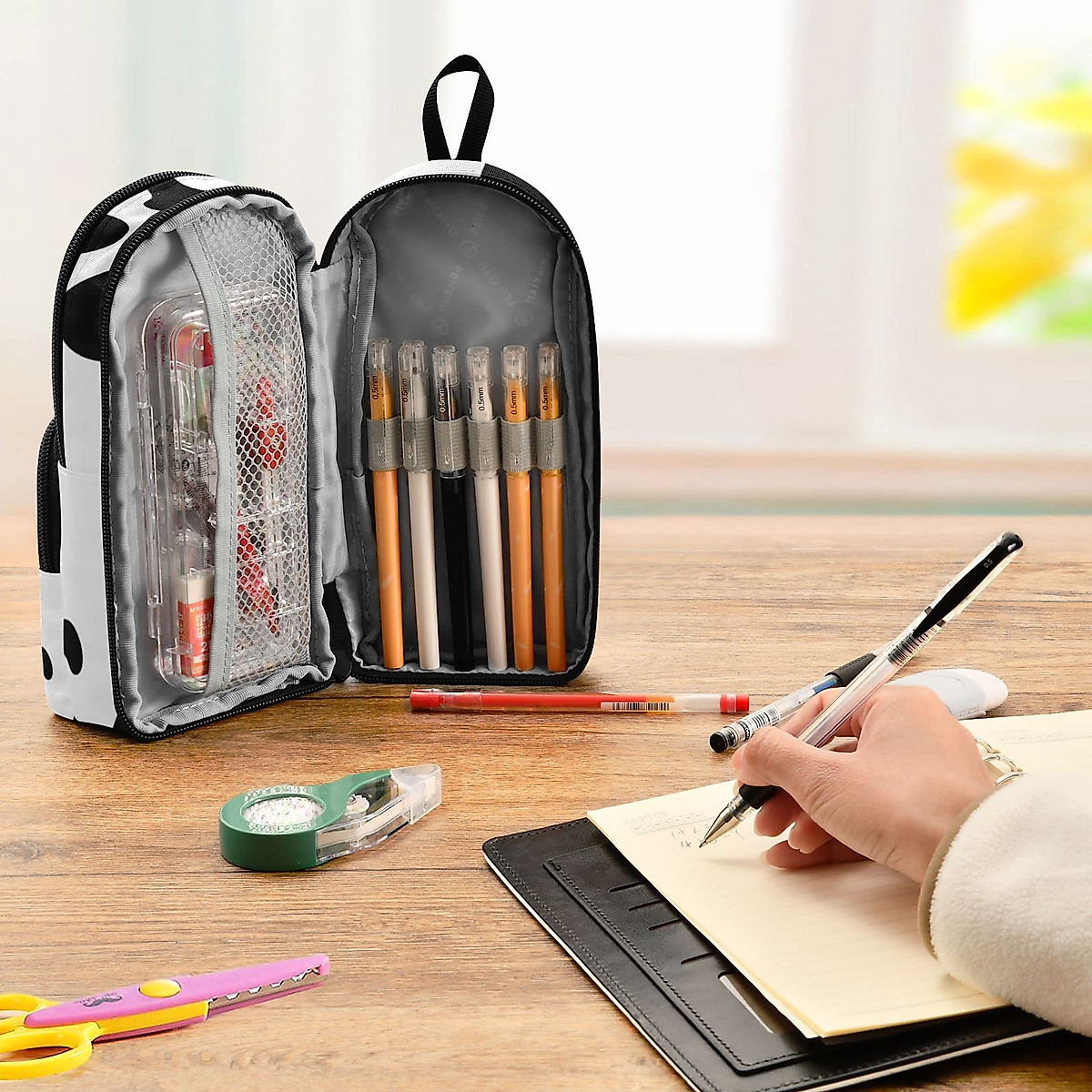 Black Cow Skin Pencil Case Big Capacity Pen Bag with Compartment Students Schoolbag Shape Stationery Organizer Pencil Pouch Marker Case for School Office Work