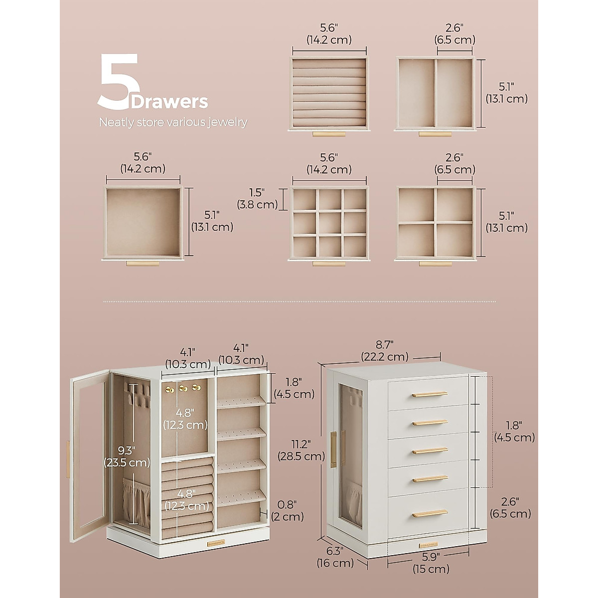 SONGMICS Jewelry Box 360° Rotating, Jewelry Storage Case with 5 Drawers, Jewelry Organizer, Glass Window, Spacious, Vertical Jewelry Storage, Open Design, Christmas Gift, Cloud White UJBC170W01