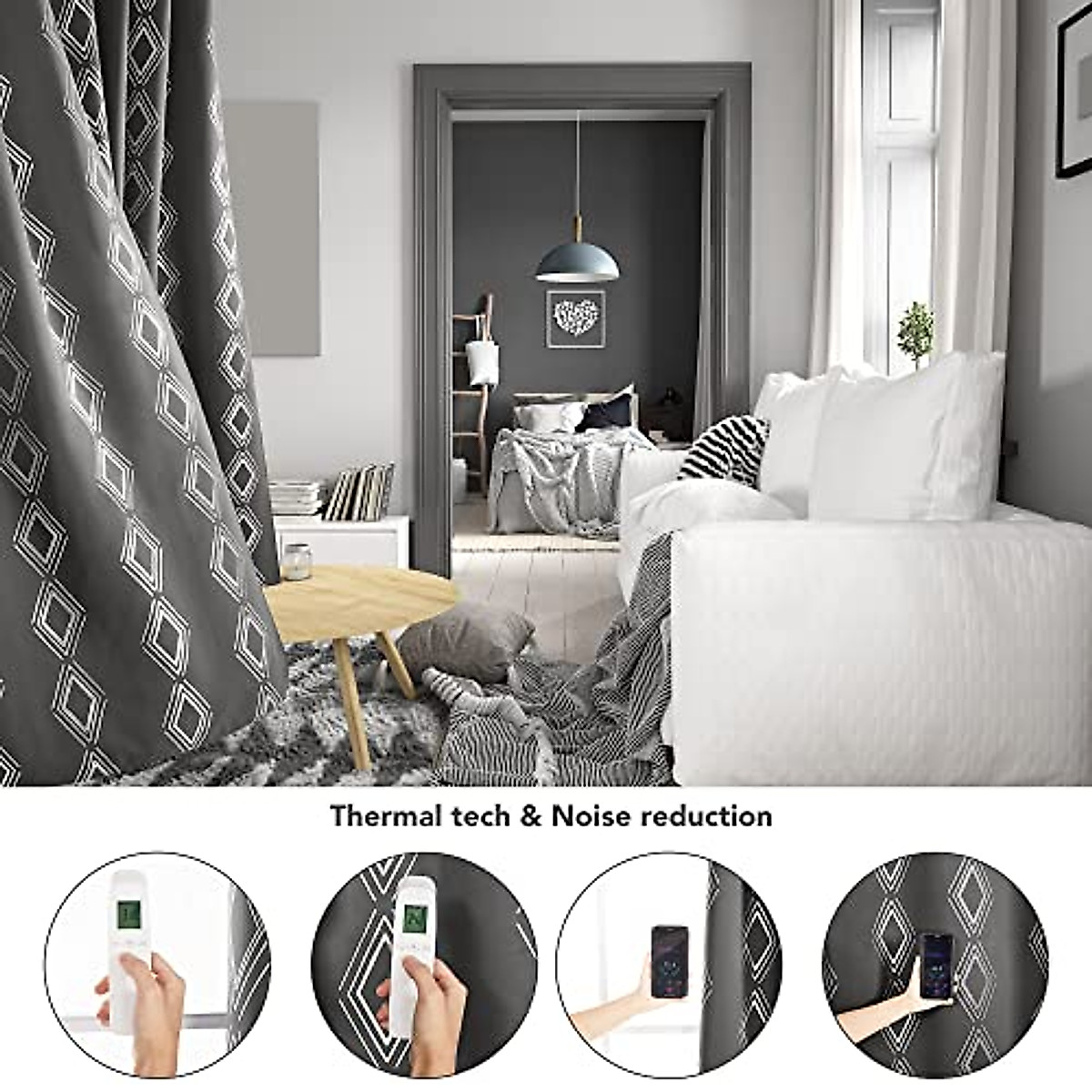 Deconovo Grey Blackout Curtains with Geometric Pattern, Living Room Curtains 72 Inch Length, Soundproof Window Panels for Nursery (Grey, 52W x 72L Inch, 2 Panels)