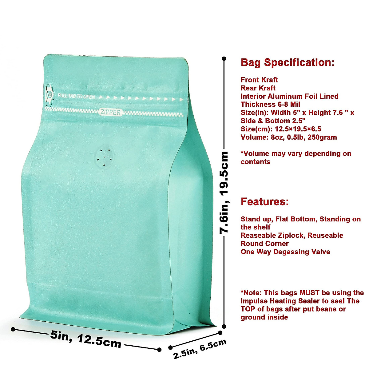 50 Count 8 Ounce Green Blue Kraft Paper Coffee Bags with Air Release Valve, High Barrier Coffee Pouches for Home, Store, Flat Bottom (50pcs/8oz, 0.5lb, 250g)