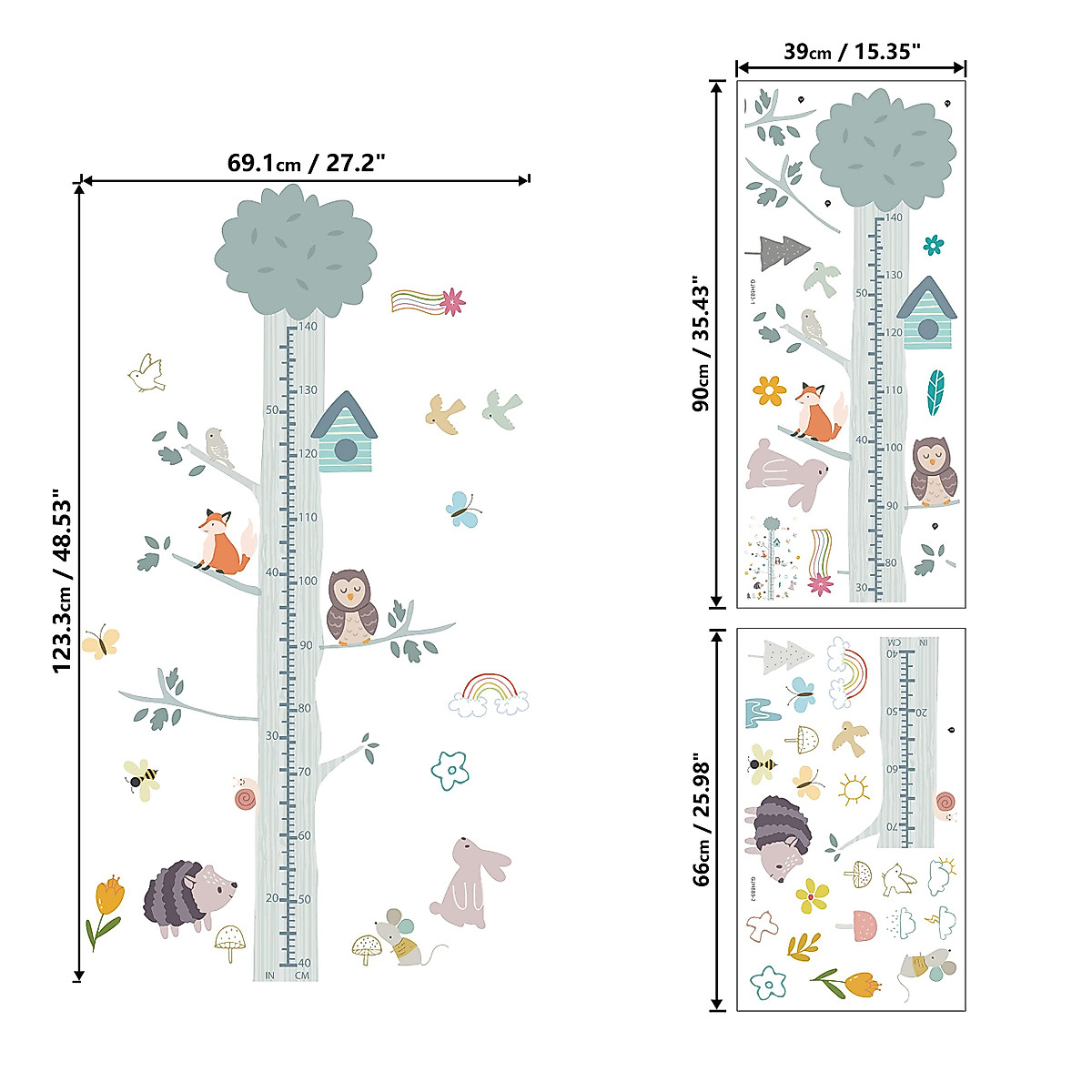 SUPERDANT Cartoon Animals Height Growth Chart Wall Sticker Big Tree Animal Owl Height Measure Decals with Sun Flower Rainbow Wall Decor for Nursery Kids Bedroom Living Room Wall Decoration 40-140cm