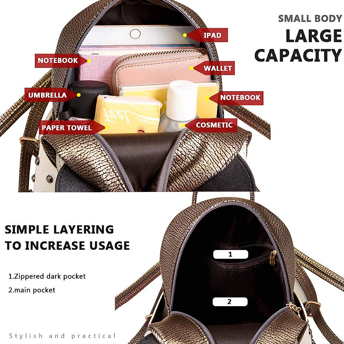 H and N Fashion Cute Panda Backpack for Girls and Boys Leather Small Travel Shoulder/ Book Bag (Black)