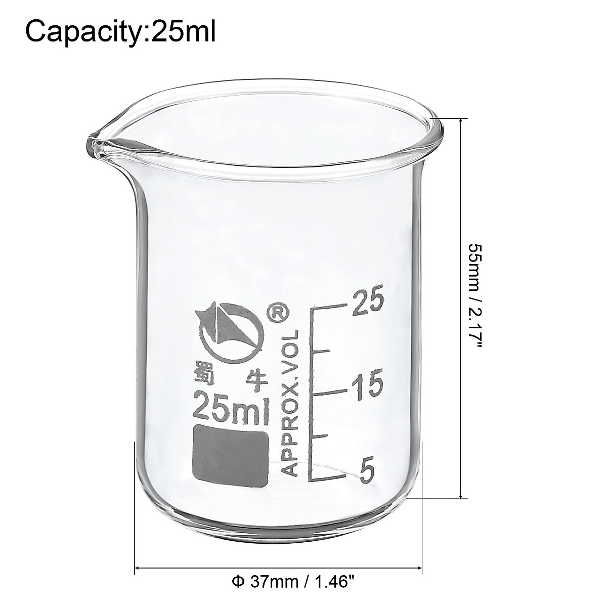 PATIKIL 25ml Low Form Glass Beaker, 3.3 Borosilicate Glass Graduated Printed Scale Measuring Cups with Spout for Kitchen Lab Liquids Transit Boiling