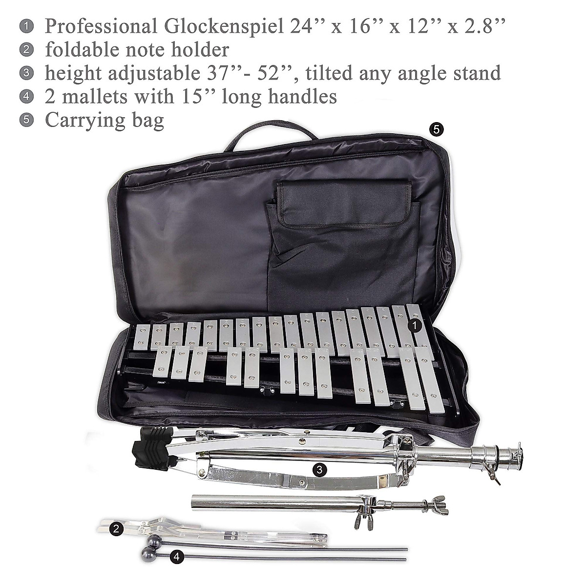30 Keys Professional Glockenspiel - Metal Bell Kit Xylophone with Stand, Note Holder, Carrying Bag, and 2 Mallets