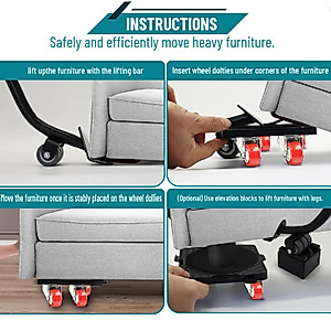 FLODOLUCA Furniture Movers with Wheels & Furniture Lifter Set, Furniture Dolly, Furniture Lifter Tool, Furniture Jack, Furniture Movers 360° Rotatable Rubber Wheels for Moving Heavy. Max:1100 lb.