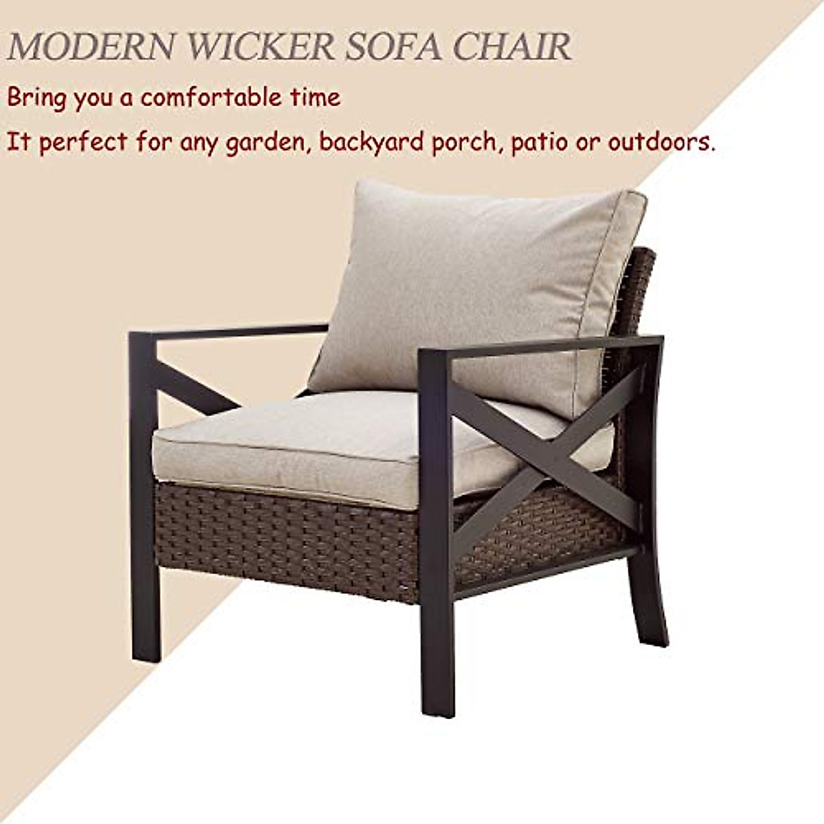 LOKATSE HOME Outdoor Patio Furniture Modern Wicker Sofa Chair Rattan Conversation Single Armchair with Cushion, Brown