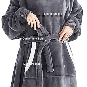 Touchat Wearable Blanket Hoodie, Flannel Sherpa Fleece Hooded Blanket, Oversized Hoodie for Adults Women Men, Sweatshirt Blanket with Hood, Pocket & Sleeves,Gifts for Wife,Mom,One Size Fits All（Grey）