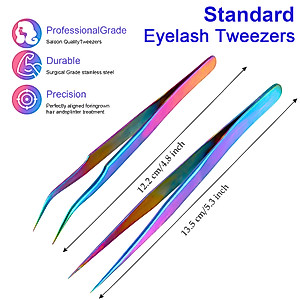 2 Pieces Straight and Curved Tip Tweezers Eyelash Extension Tweezers, Stainless Steel False Lash Application Tools (Iridescence)