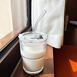 AKAVIG 1 pieces Classic Vertical Stripes Coffee Glass Cups with Lid and Straw - 14.5 Oz Ice Coffee Cup Ribbed Glassware