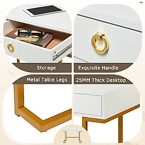 EROMMY Modern Makeup Vanity Dressing Table with Wood Top and Metal Frame, Vanity Desk with Drawers for Home Office, Bedroom, Gold-White