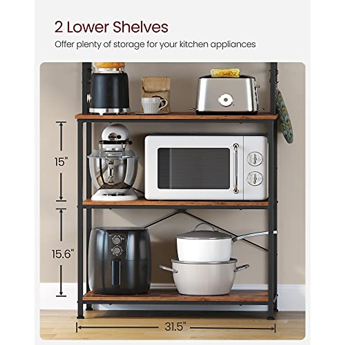 VASAGLE Baker's Rack, Microwave Oven Stand, Kitchen Tall Utility Storage Shelf, 6 Hooks and Metal Frame, Industrial, 15.7 x 31.5 x 65.7 Inches, Rustic Brown and Black UKKS019B01