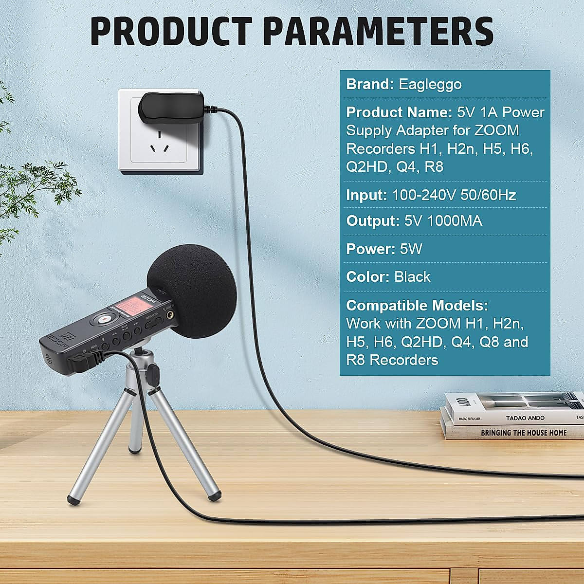 Eagleggo Power Supply Adapter for Zoom Recorders H1, H2n, H5, H6, Q2HD, Q4, R8 AC Adapter Wall Charger