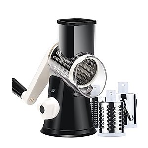 Ancevsk Rotary Cheese Grater with Handle, Manual Speed Round Cheese Shredder with Strong Suction Base, Easy to Use Potato Hashbrown Shredder with 3 Replaceable Stainless Steel Drum Blades (Black)