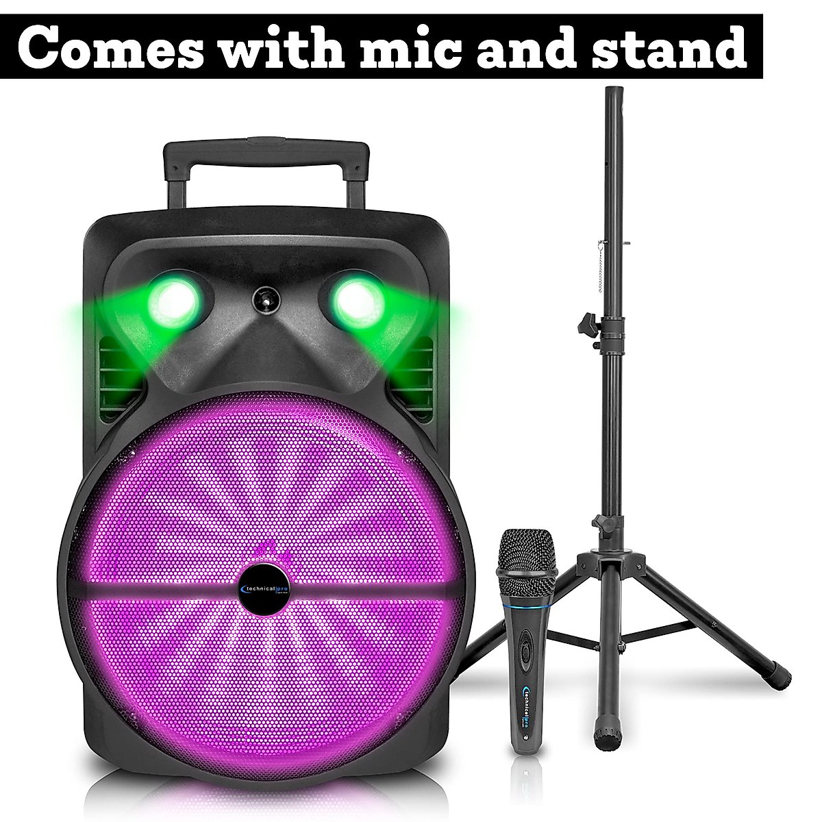 1600 Watts Bluetooth Speaker with Tripod, Wired Microphone & Remote Control | Rechargeable 15" Two Way Bluetooth DJ Light Speaker Package with USB SD Card inputs by Technical Pro